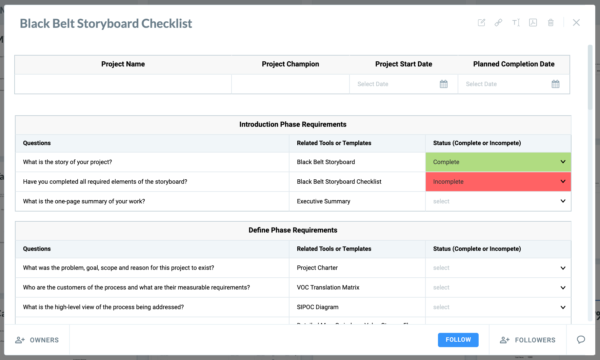 Black Belt Project Storyboard Online Software Tools & Templates