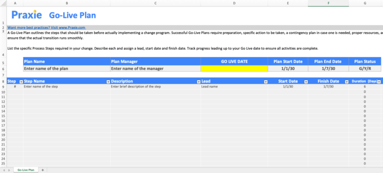 Go-Live Planning Template – Change Management Software Online Tools