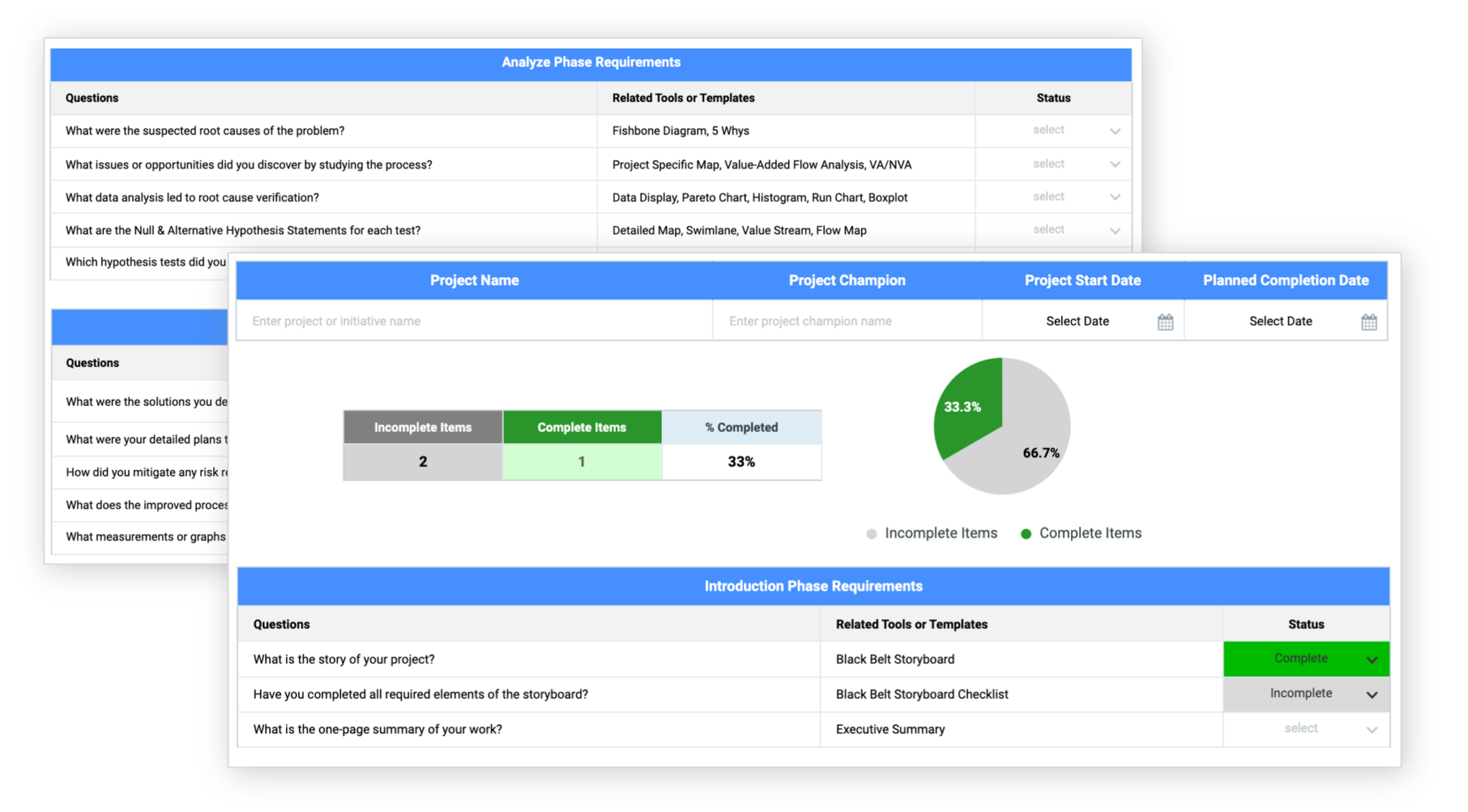 Black Belt Project Storyboard Software App for Manufacturing